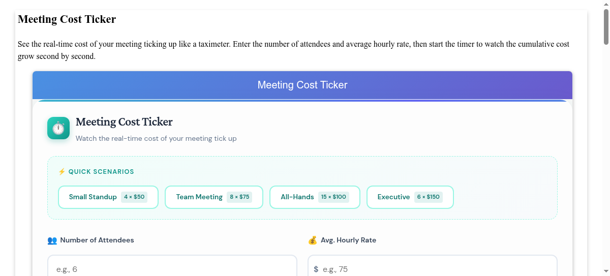 Meeting Cost Ticker - Watch Your Meeting Cost Tick Up in Real Time
