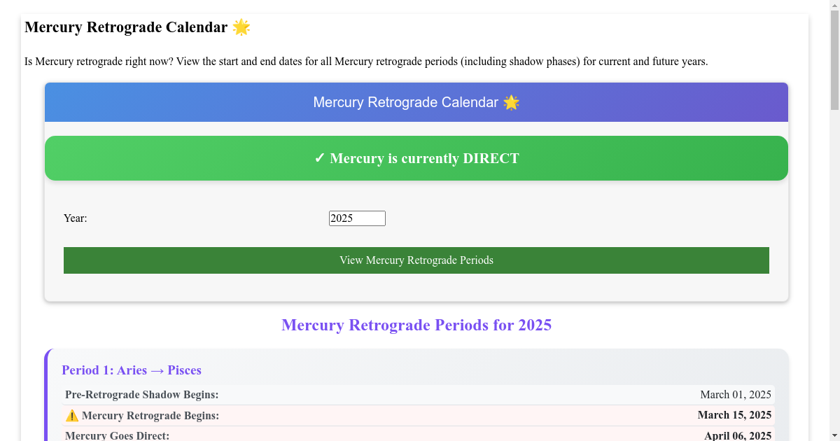 Mercury Retrograde Calendar - View All Mercury Retrograde Periods