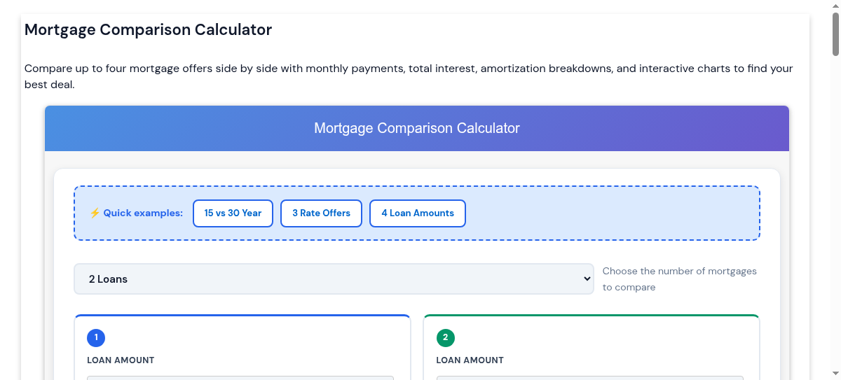 Mortgage Comparison Calculator - Compare Up to 4 Loan Offers Side by Side