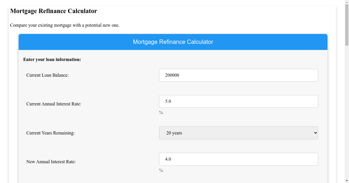 Free Mortgage Refinance Calculator - Compare Current Mortgage With New ...