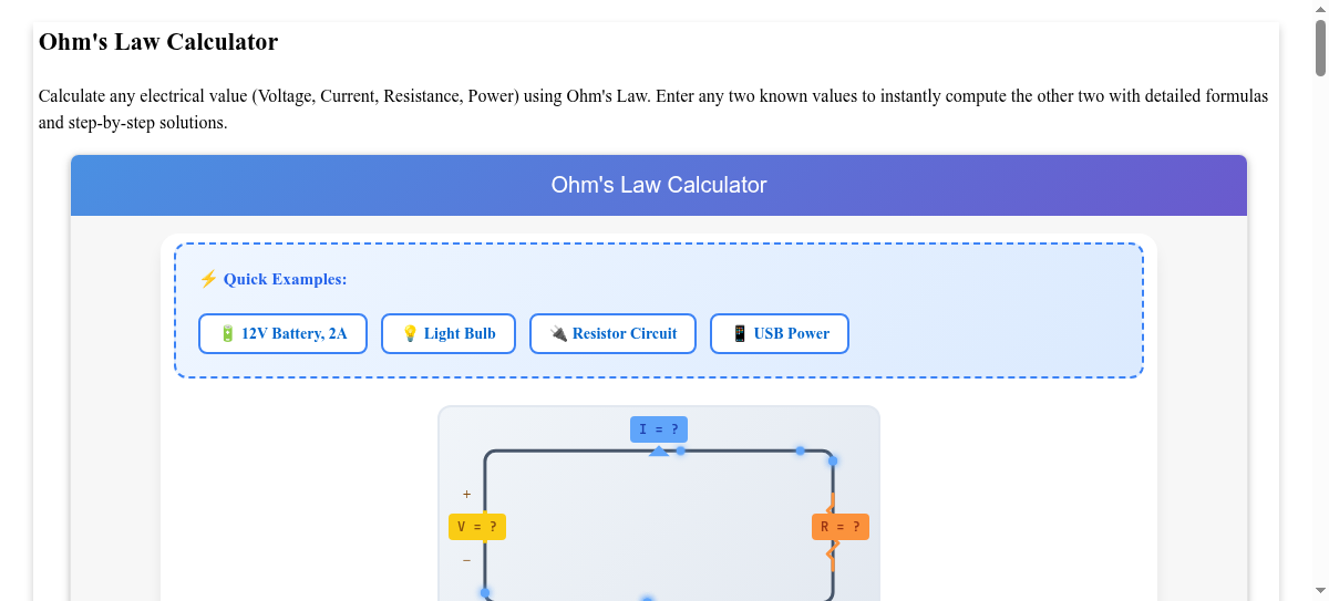 Ohm's Law Calculator - Calculate Voltage, Current, Resistance & Power