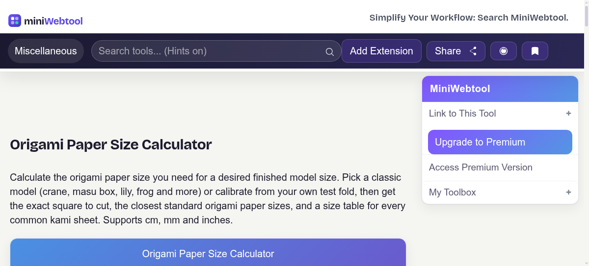 Origami Paper Size Calculator - What Paper Size for a Finished Model