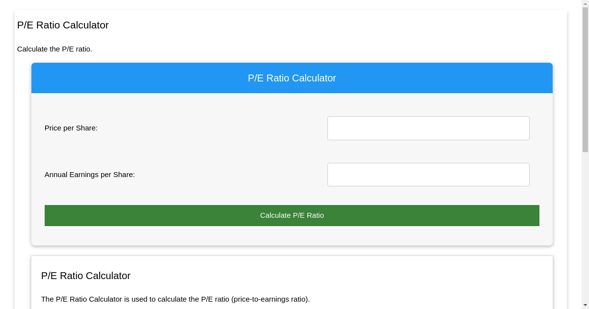 P/E Ratio Calculator - P/E Ratio Calculation - Calculate P/E Ratio Online