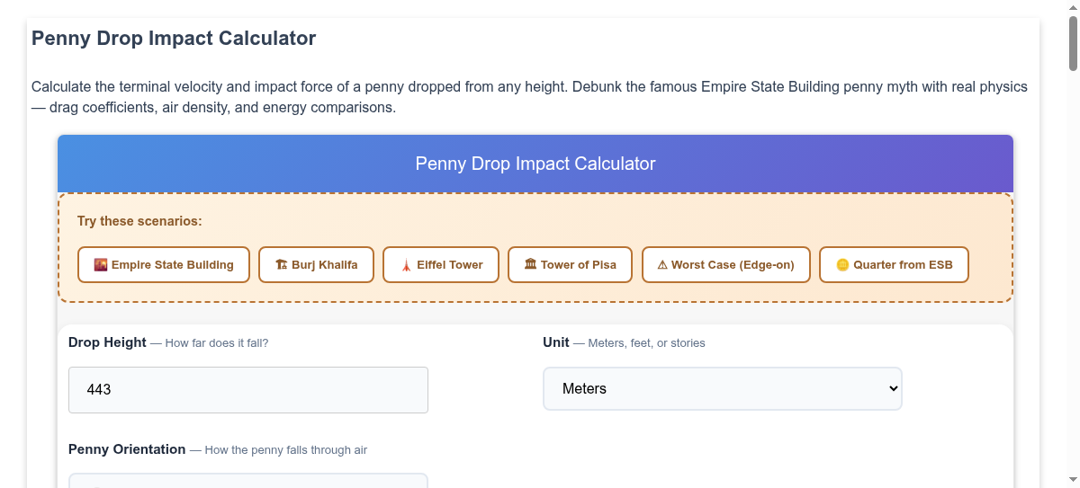 Penny Drop Impact Calculator - Would a Penny Dropped from the Empire ...