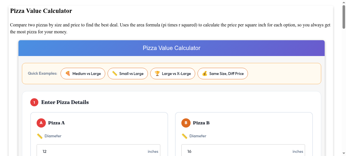 Pizza Value Calculator - Compare Pizza Deals by Price Per Square Inch