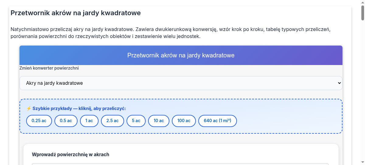 Przetwornik akrów na jardy kwadratowe - dokładne przeliczanie ...