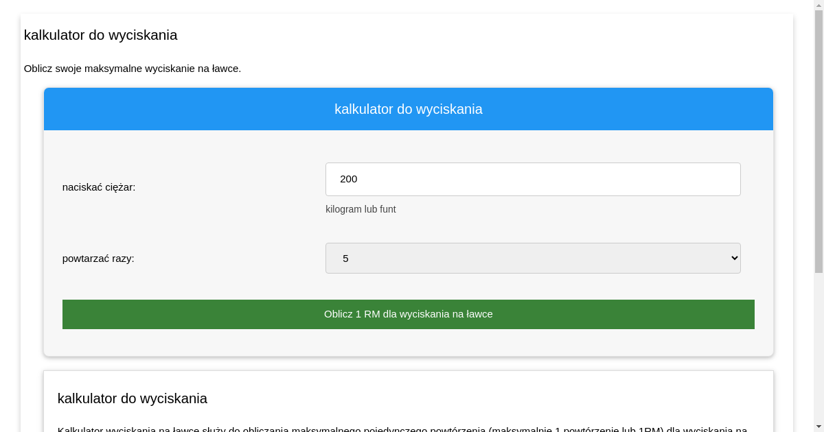 Kalkulator wyciskania na ławce - Oblicza jedną maksymalną wartość ...