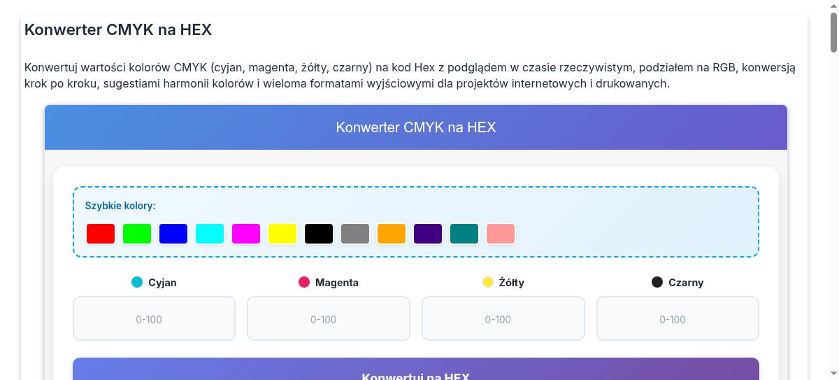 Konwerter CMYK na HEX - Konwertuj CMYK na HEX z podglądem kolorów i ...