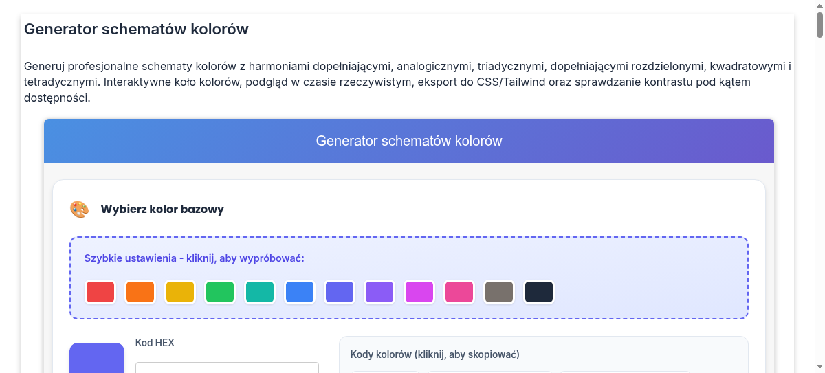 Generator schematów kolorów - Twórz piękne palety i harmonie barw