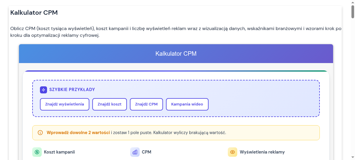 Kalkulator CPM - Kalkulator kosztu tysiąca wyświetleń z analizą kampanii