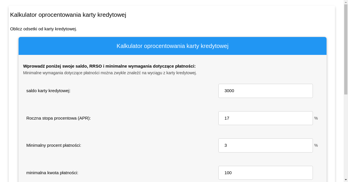 Kalkulator oprocentowania karty kredytowej