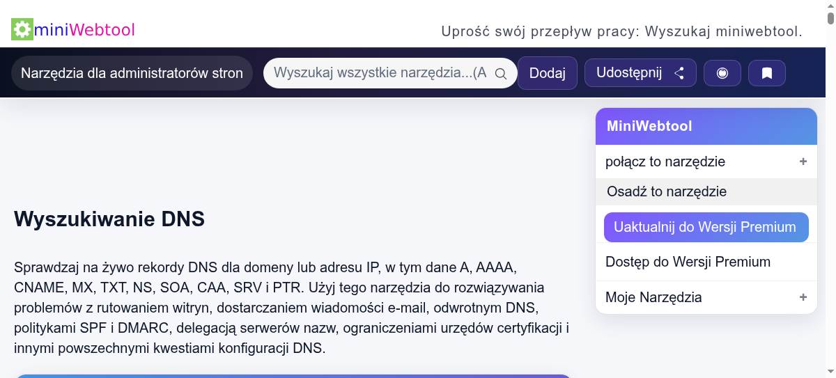 Wyszukiwanie DNS dla rekordów A, MX, CNAME, TXT, NS, SOA, CAA, SRV oraz PTR