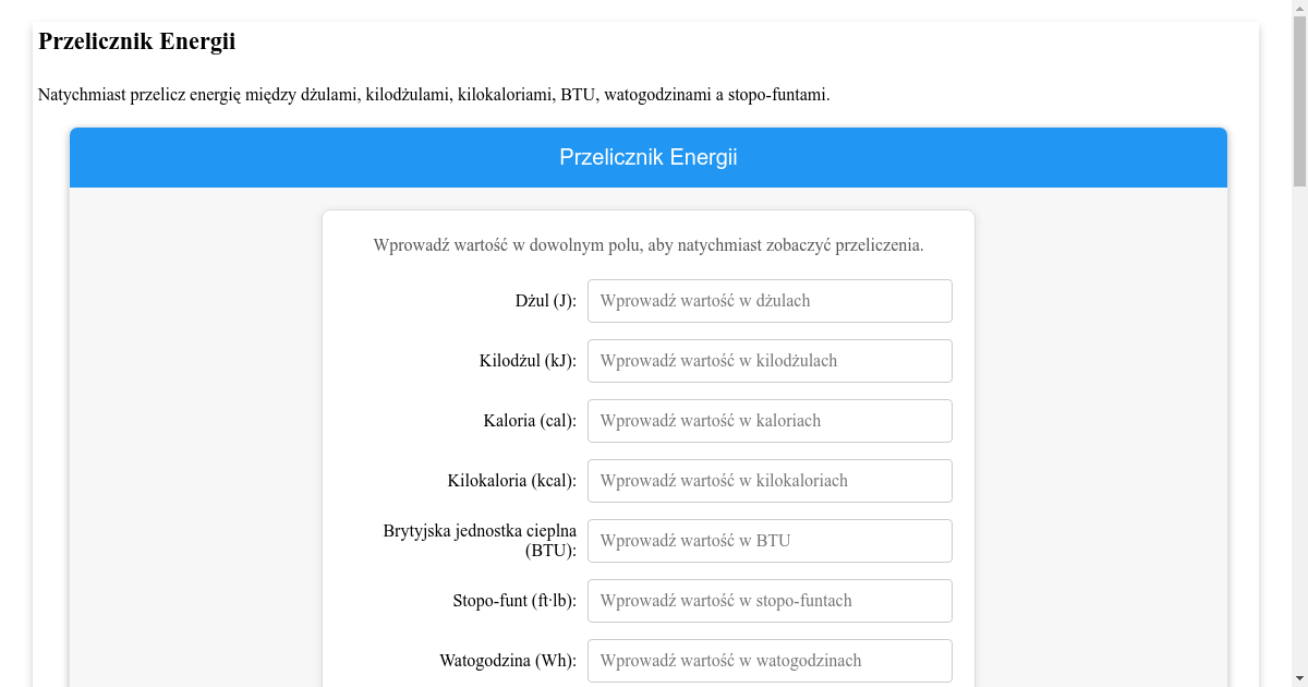 Darmowy interaktywny przelicznik energii