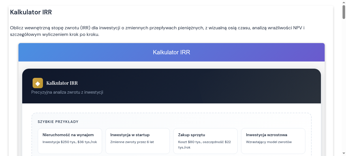 Darmowy Kalkulator IRR - Wewnętrzna Stopa Zwrotu z analizą przepływów ...