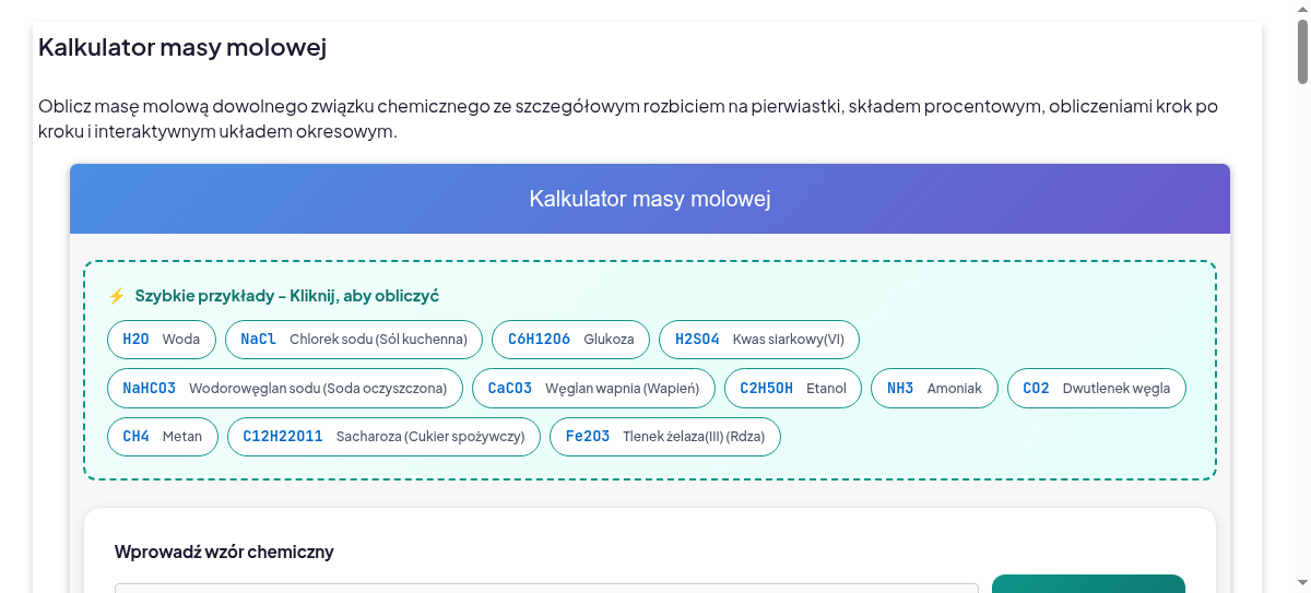 Kalkulator masy molowej - Oblicz masę cząsteczkową z rozbiciem na ...