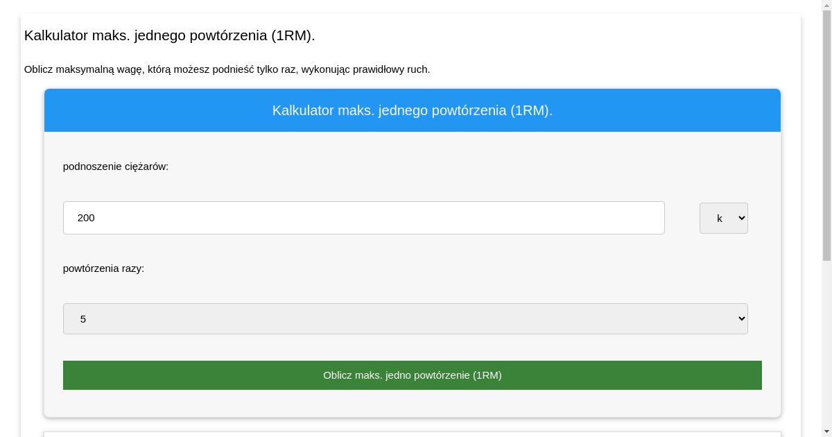 Kalkulator 1RM - Oblicz swoje maksimum jednego powtórzenia za pomocą wielu wzorów