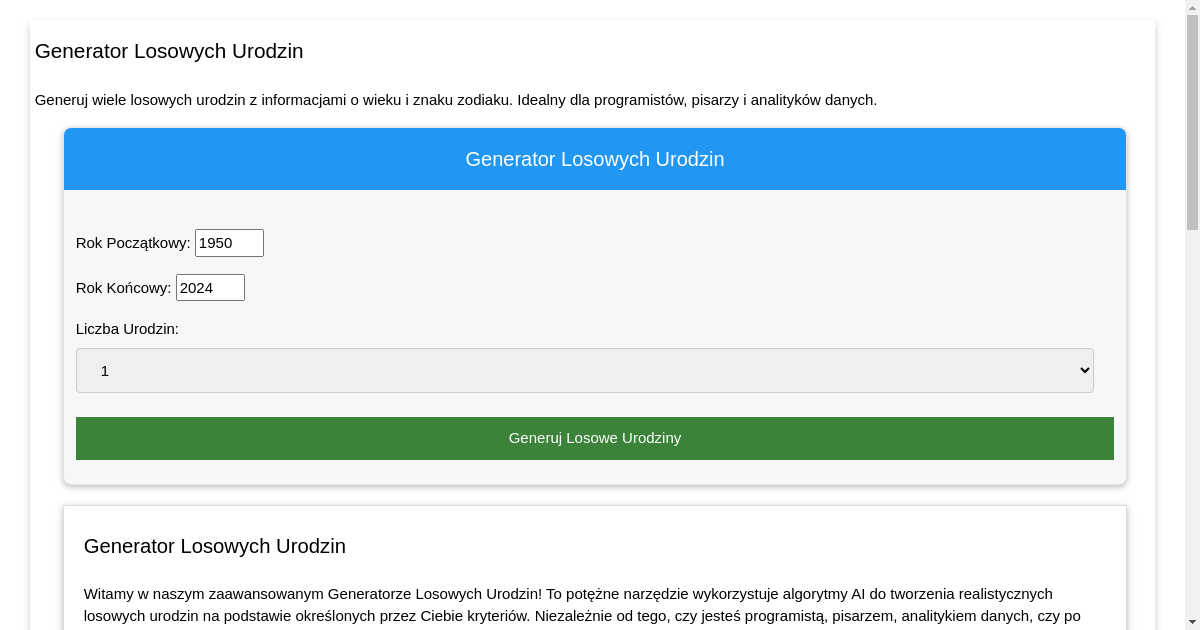 Generator Losowych Urodzin Zasilany AI - Generuj Realistyczne Losowe ...