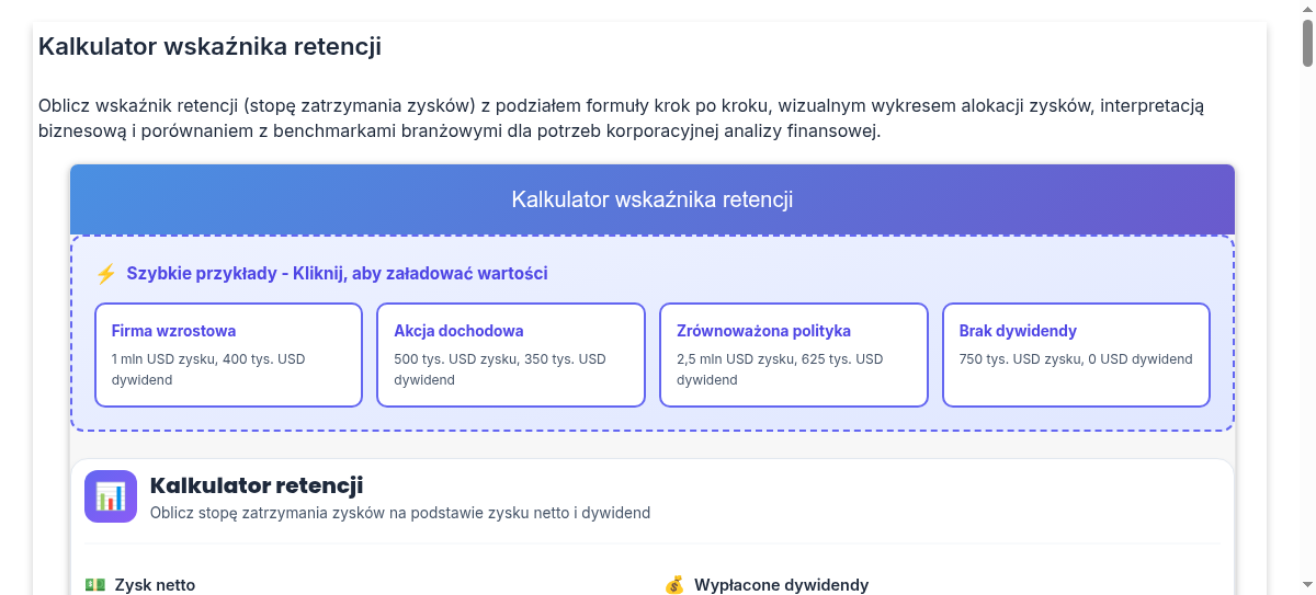 Kalkulator wskaźnika retencji - Analiza stopy zatrzymania zysków