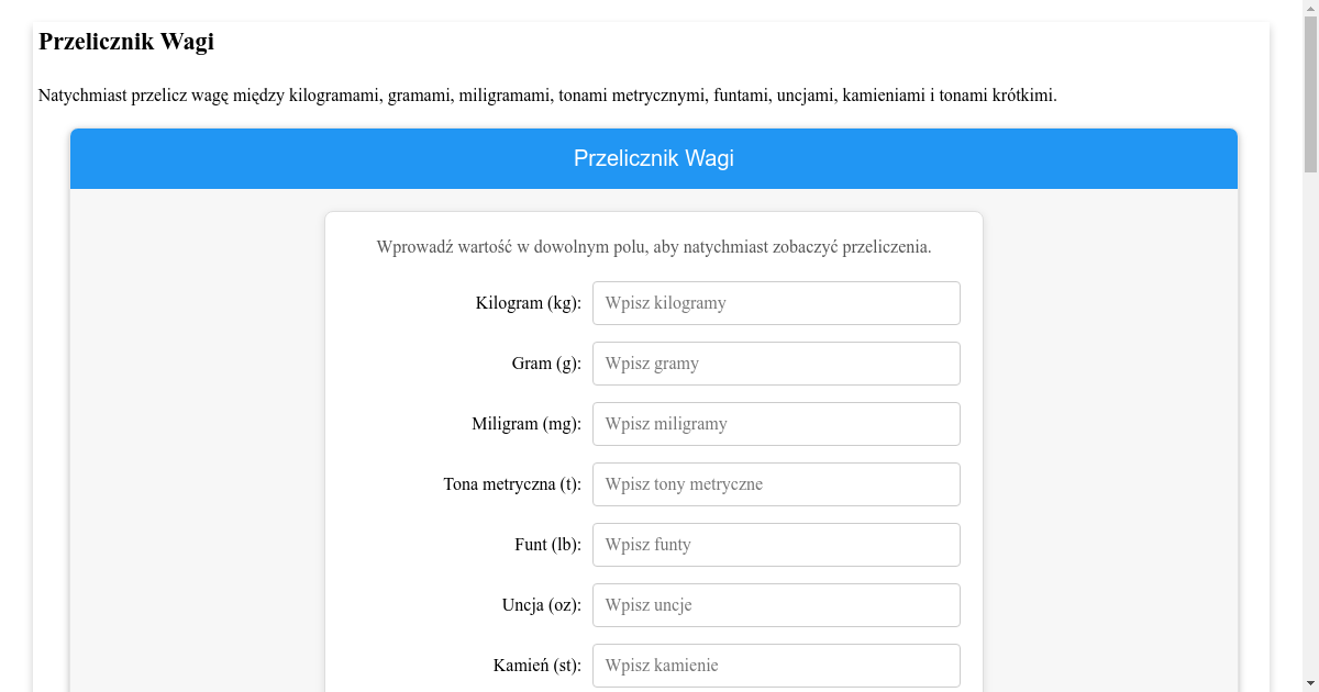 Darmowy Interaktywny Przelicznik Wagi