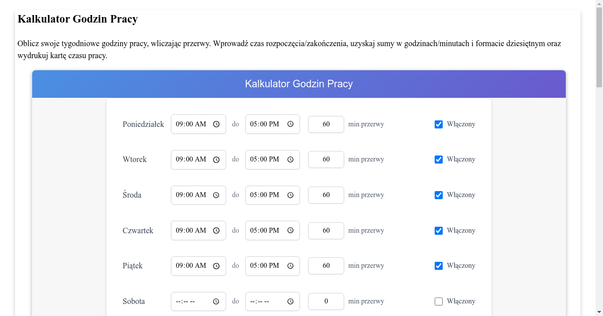 Tygodniowy Kalkulator Godzin Pracy - Darmowe Narzędzie do Karty Czasu Pracy