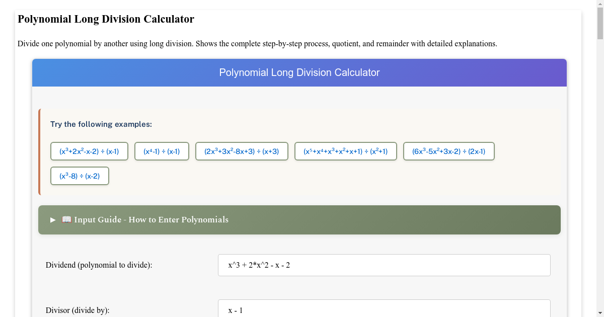 Polynomial Long Division Calculator - Step-by-Step Solutions