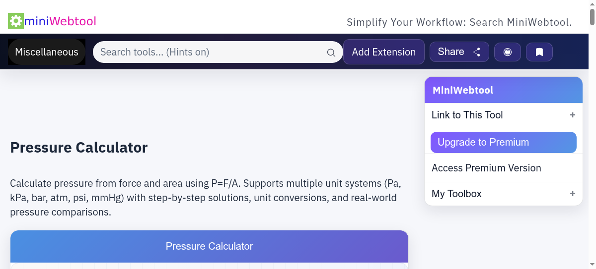 Pressure Calculator - Calculate Pressure, Force & Area (P=F/A)