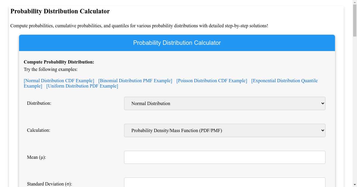 Probability Distribution Calculator for Various Probability Functions