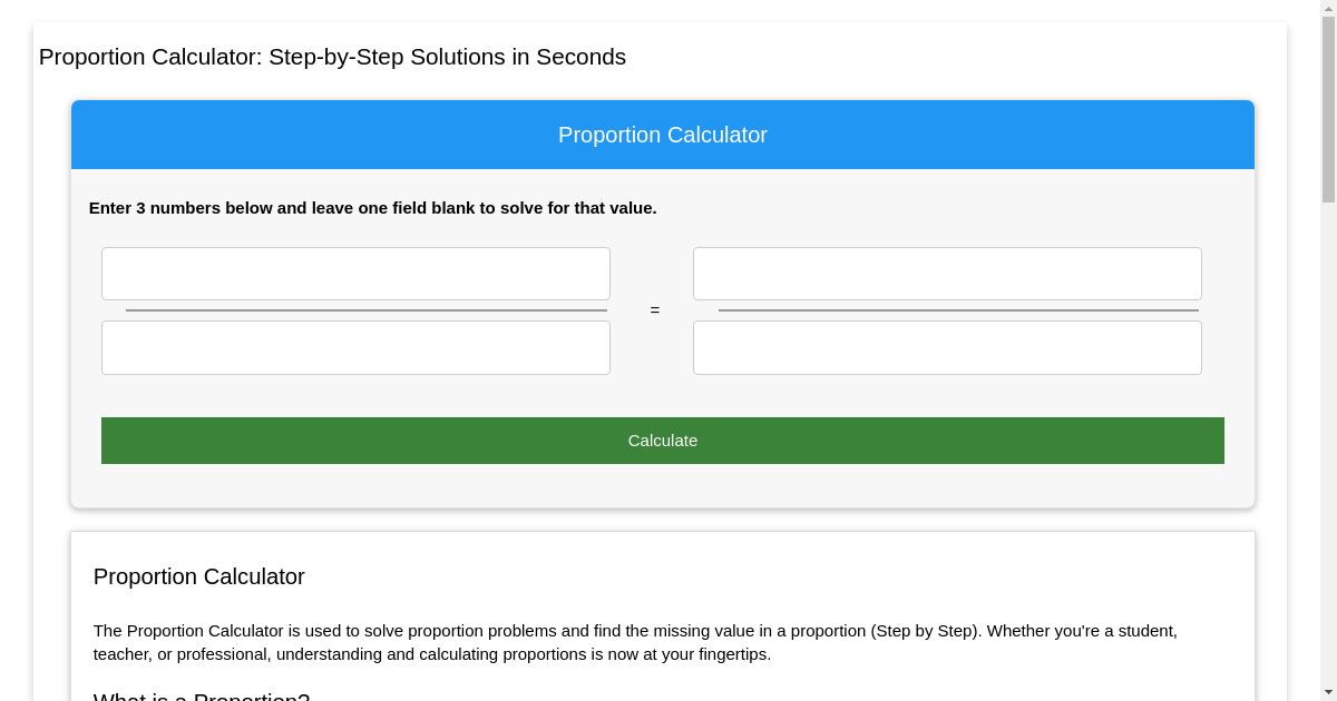 Proportion Calculator: Step-by-Step Solutions in Seconds