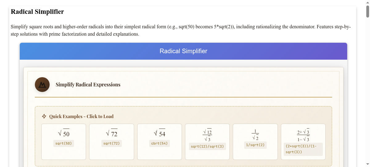Radical Simplifier - Simplify Square Roots and Radicals Step-by-Step