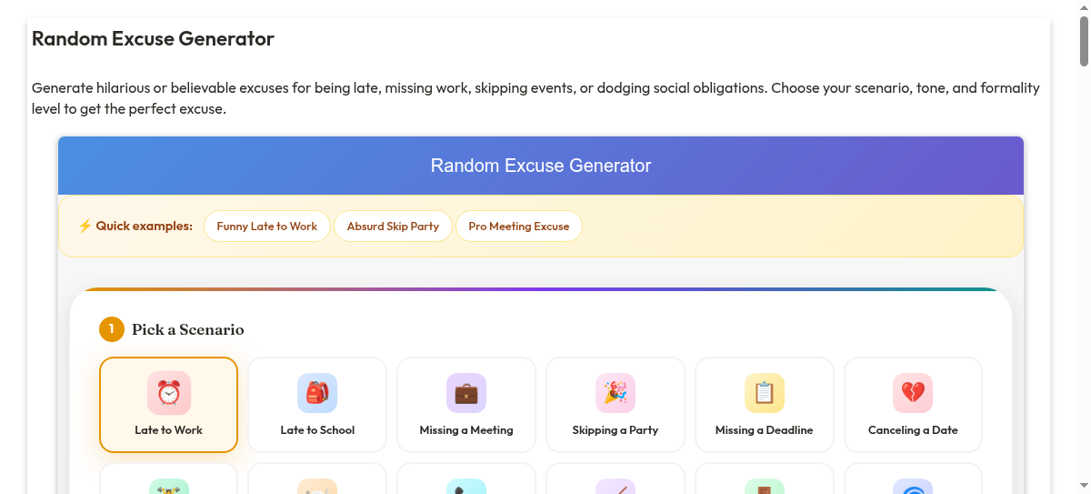 Random Excuse Generator - Generate Funny & Plausible Excuses for Any ...