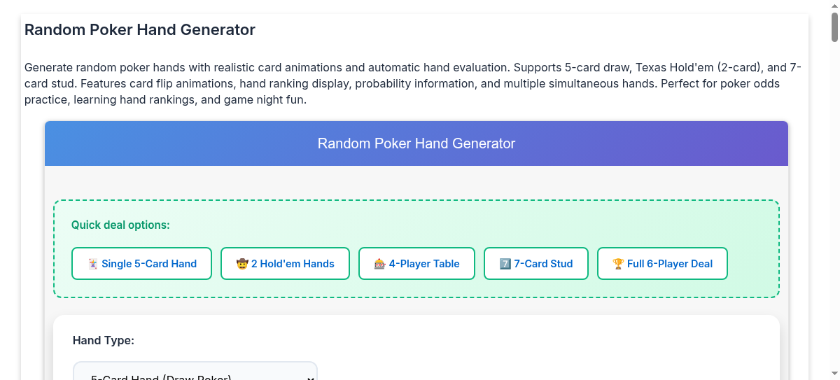 Random Poker Hand Generator - Deal 5-Card, 2-Card or 7-Card Poker Hands ...