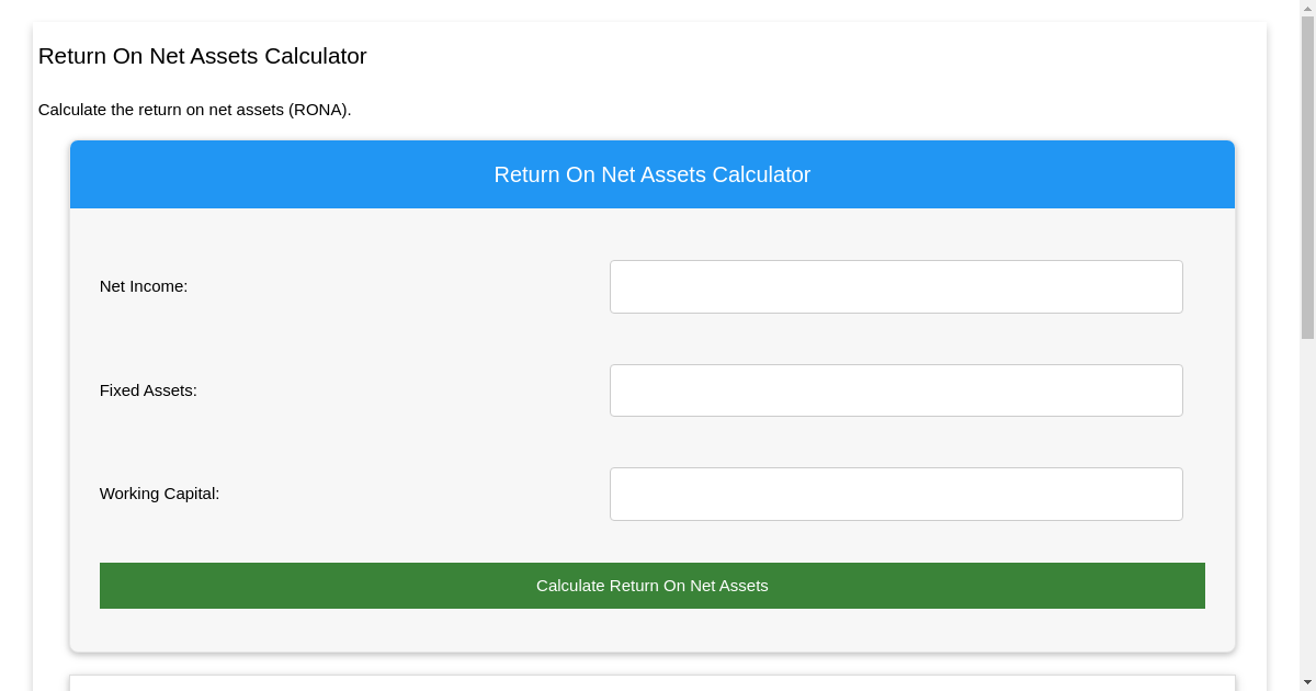 Return On Net Assets Calculator - Calculation of RONA
