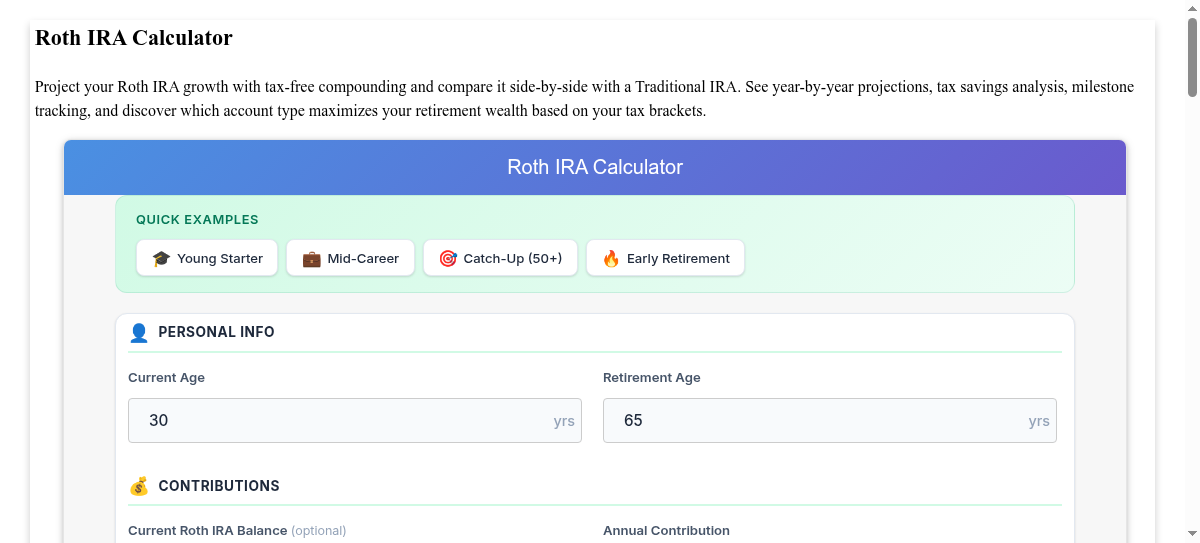Roth IRA Calculator - Estimate Tax-Free Retirement Growth & Compare ...