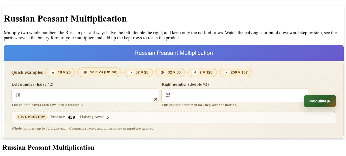 Russian Peasant Multiplication - Halving & Doubling Visualizer
