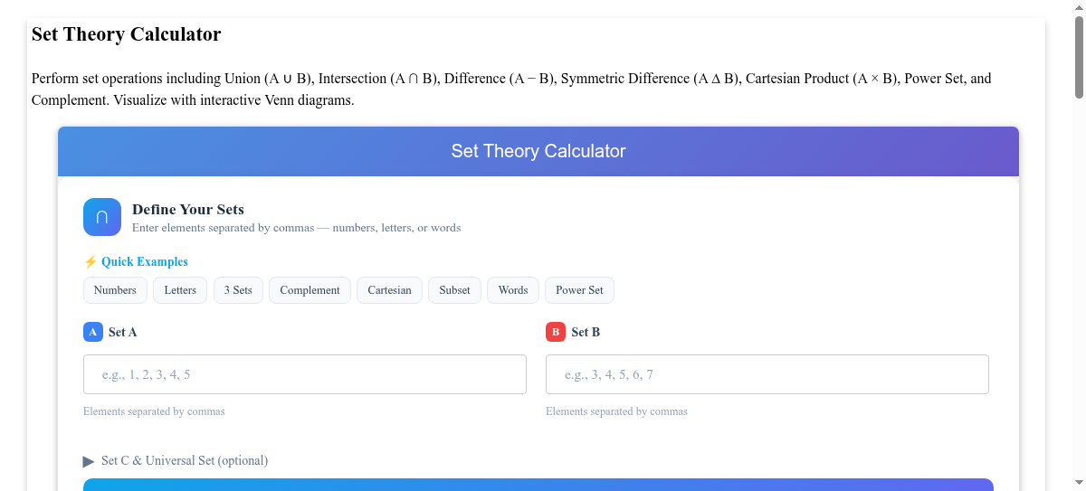 Set Theory Calculator - Union, Intersection, Difference & Cartesian Product