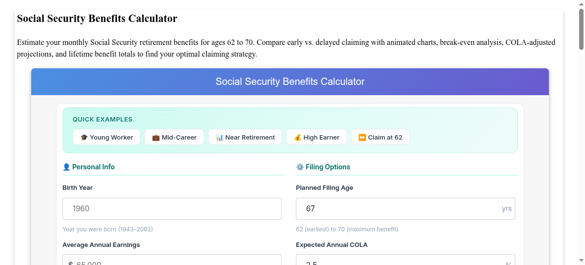 Social Security Benefits Calculator - Estimate Monthly Benefits by ...