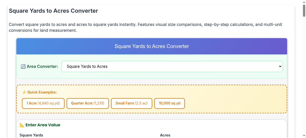 Square Yards to Acres Converter - Land Area Calculator with Visual ...