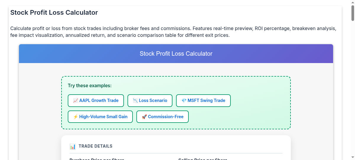 Stock Profit Loss Calculator - Calculate Stock Trade Returns, Fees & ROI