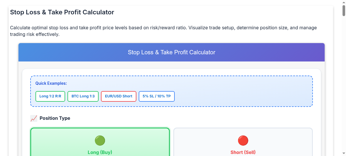 Stop Loss & Take Profit Calculator - Risk/Reward Ratio & Position Size