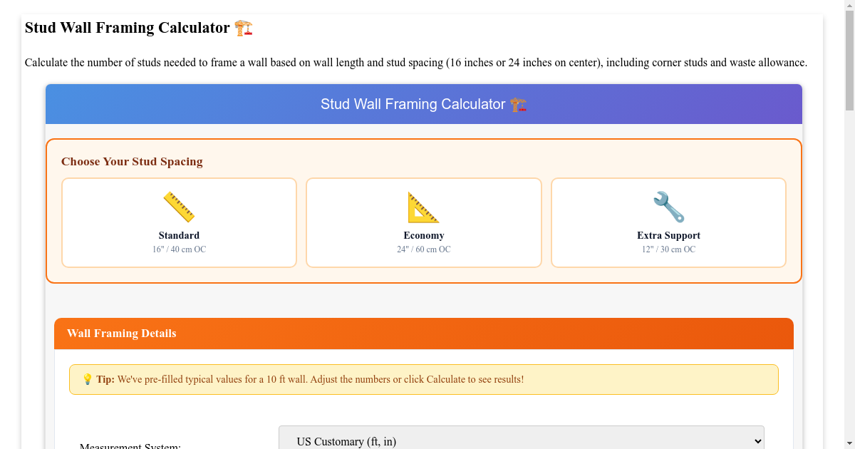 Stud Wall Framing Calculator - Estimate Wall Studs Needed