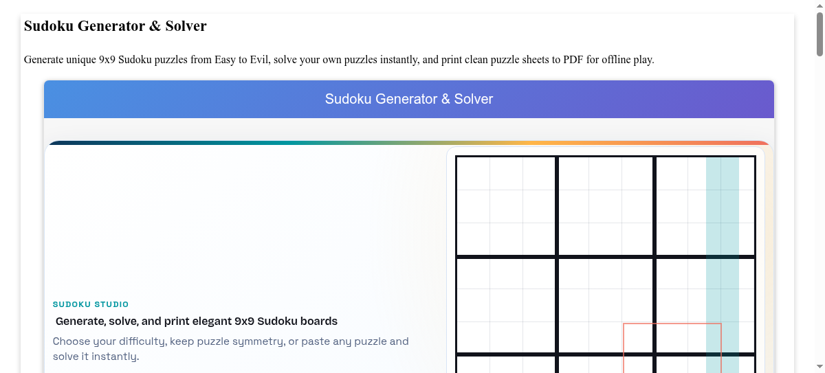 Sudoku Generator & Solver - Printable 9x9 Sudoku Puzzles (Easy to Evil)