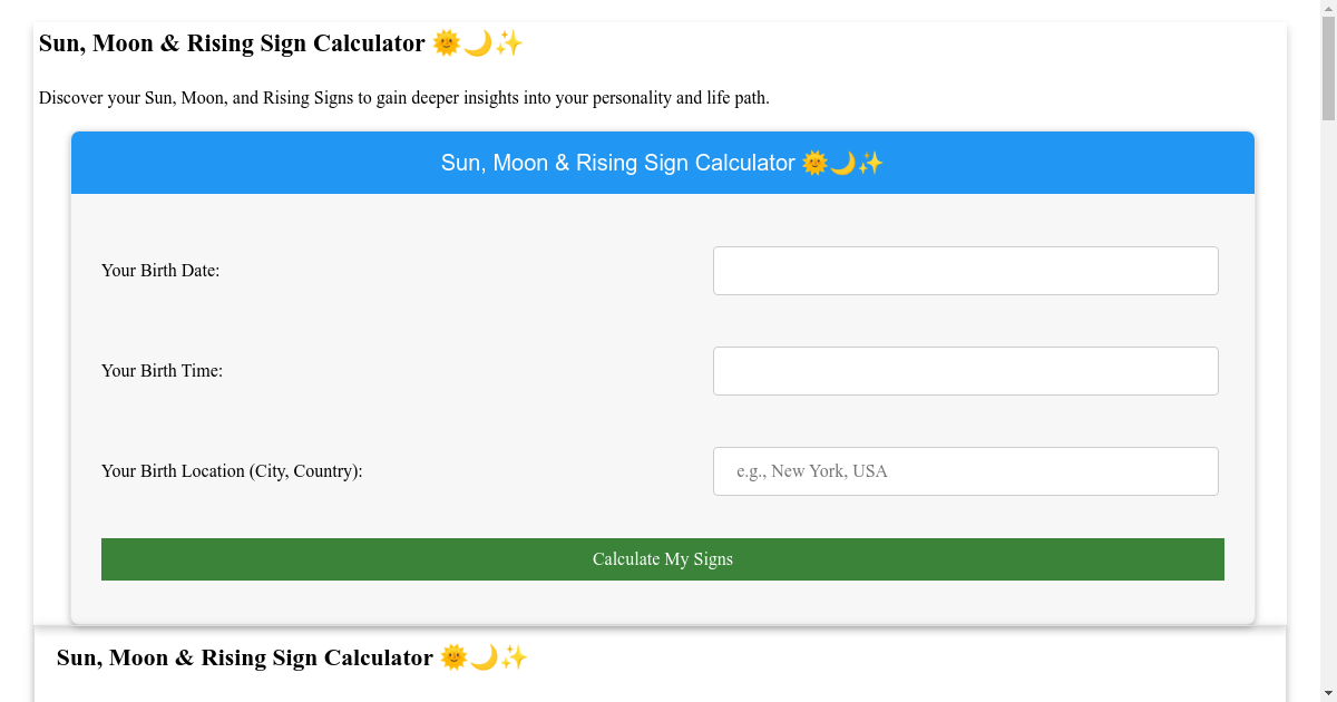 Zodiac Moon Sign Calculator Sun, Moon And Rising Signs: Calculate