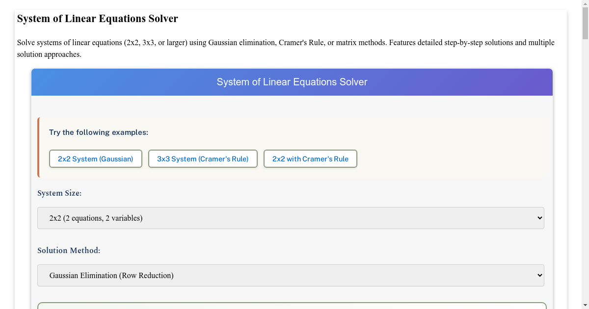 System of Linear Equations Solver - Solve 2x2, 3x3 Systems with Step-by-Step Solutions