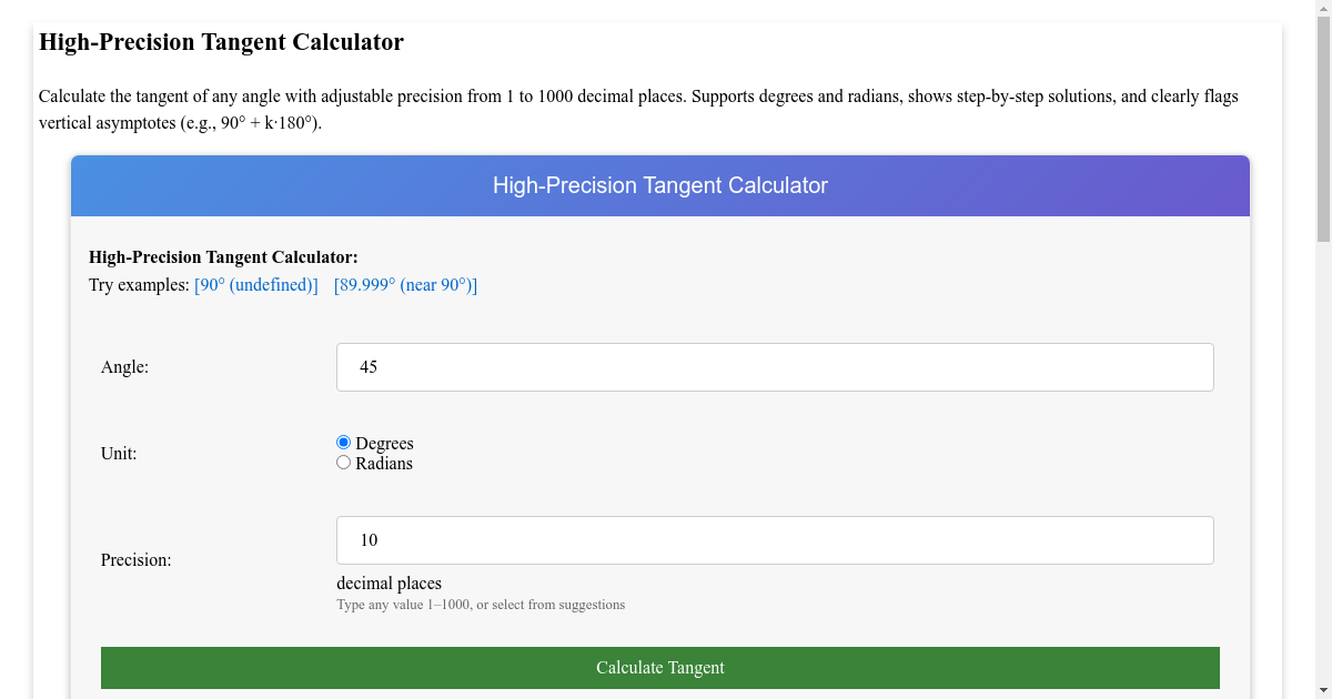 High-Precision Tangent (tan) Calculator - Up to 1000 Decimal Places