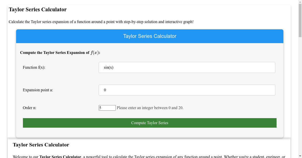 Taylor Series Calculator with Steps
