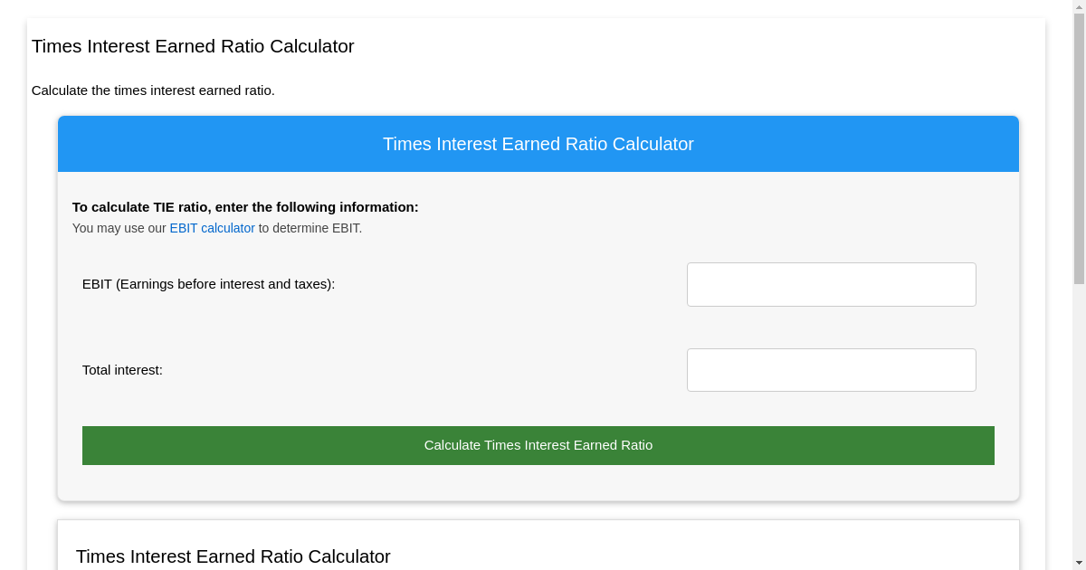 Times Interest Earned Ratio Calculator | TIE Ratio Calculation