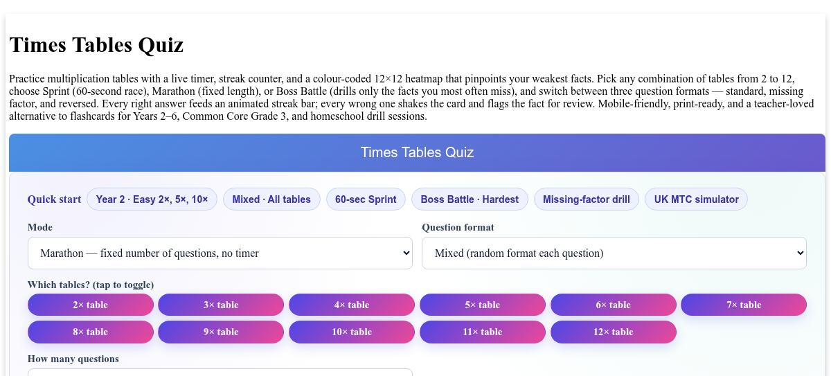 Times Tables Quiz - Timed Multiplication Practice Online