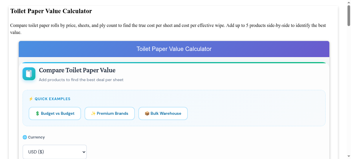Toilet Paper Value Calculator - Find the Best Deal per Sheet & Wipe