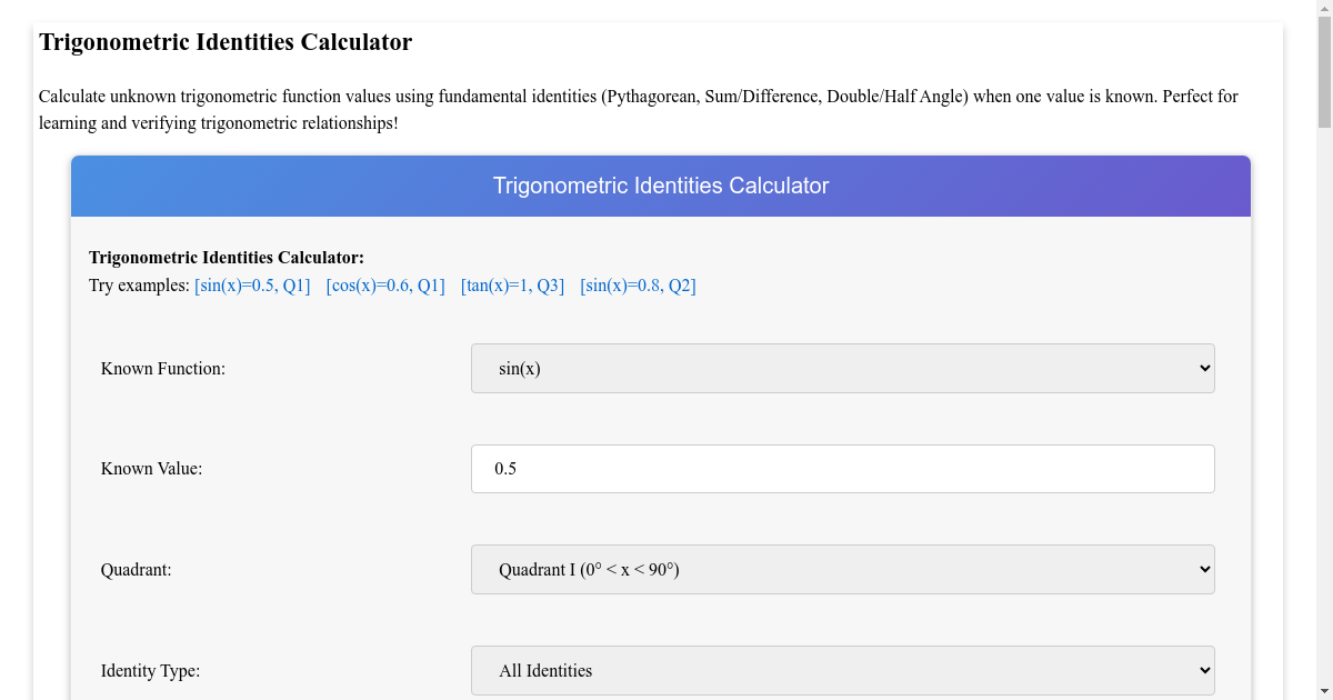 Trigonometric Identities Calculator - Find Unknown Trig Values Using Identities