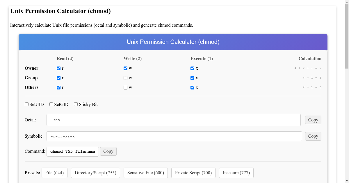 Interactive Unix Permission Calculator (chmod)